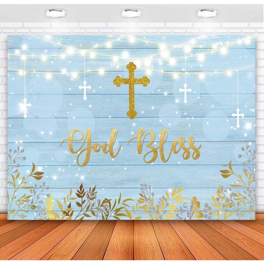 5x3ft Baptism Backdrop God Bless Rustic Blue Wood Gold Leaves First ...