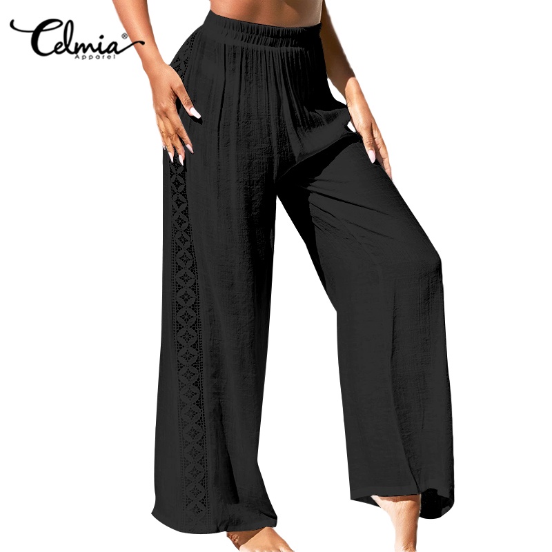 CELMIA Women High Waist Elastic Long Pants Casual Loose Pleated Wide ...