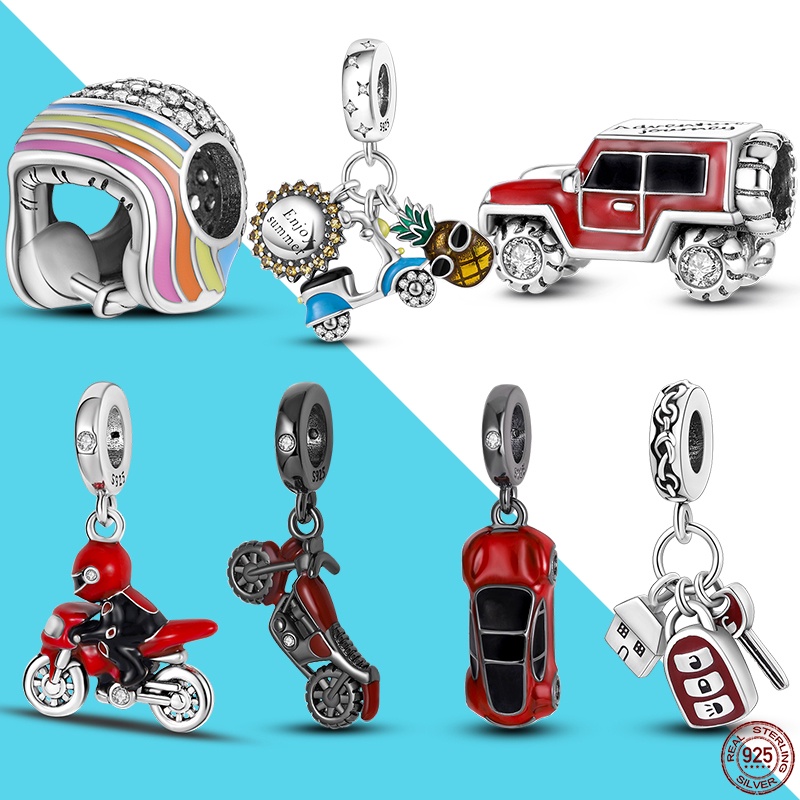 Motorcycle Dangle Charms 925 Silver Sparkling Zircon Helmet Off-road ...