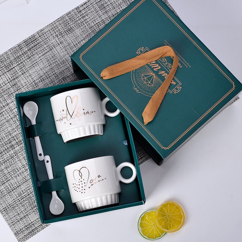 Ceramic couple Mug coffee cup set with spoon gift box | Shopee Philippines