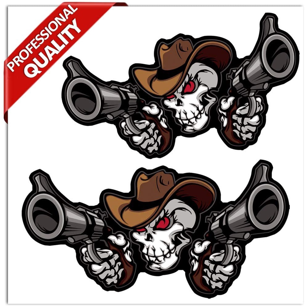 x2 Vinyl Sticker skull pistol head death cowboy gun skull sticker ...