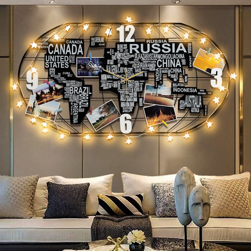 World Map Accent Wall Clock Metal Luxury Big Large Modern Home Decor ...