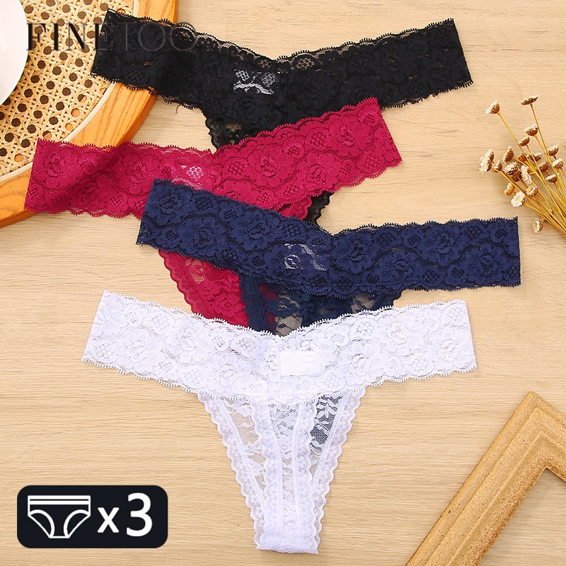 Finetoo 3pcs/Set Lace Thongs for Women Low-Rise G-String Panty Ladies ...
