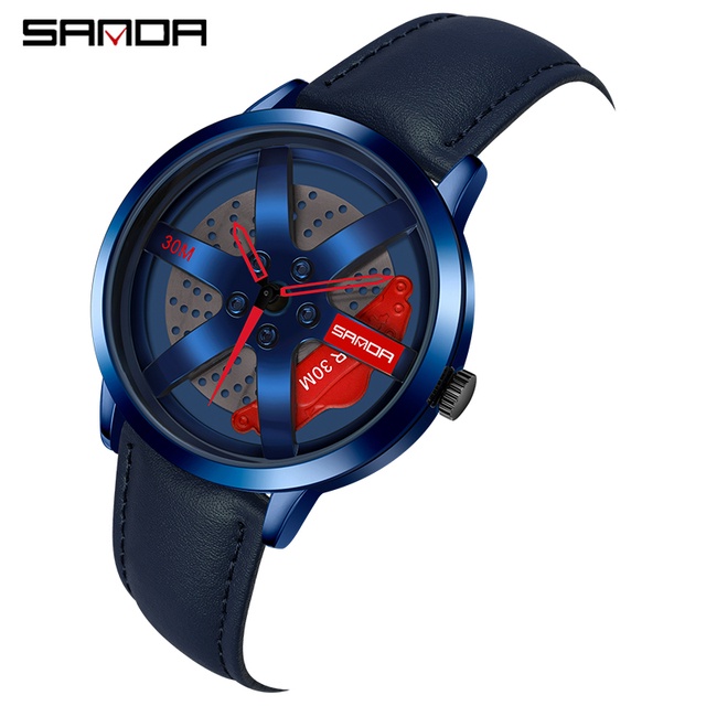 SANDA Real 3D Model Spinning Car Wheel Hub Watch Luxury Luminous Move ...