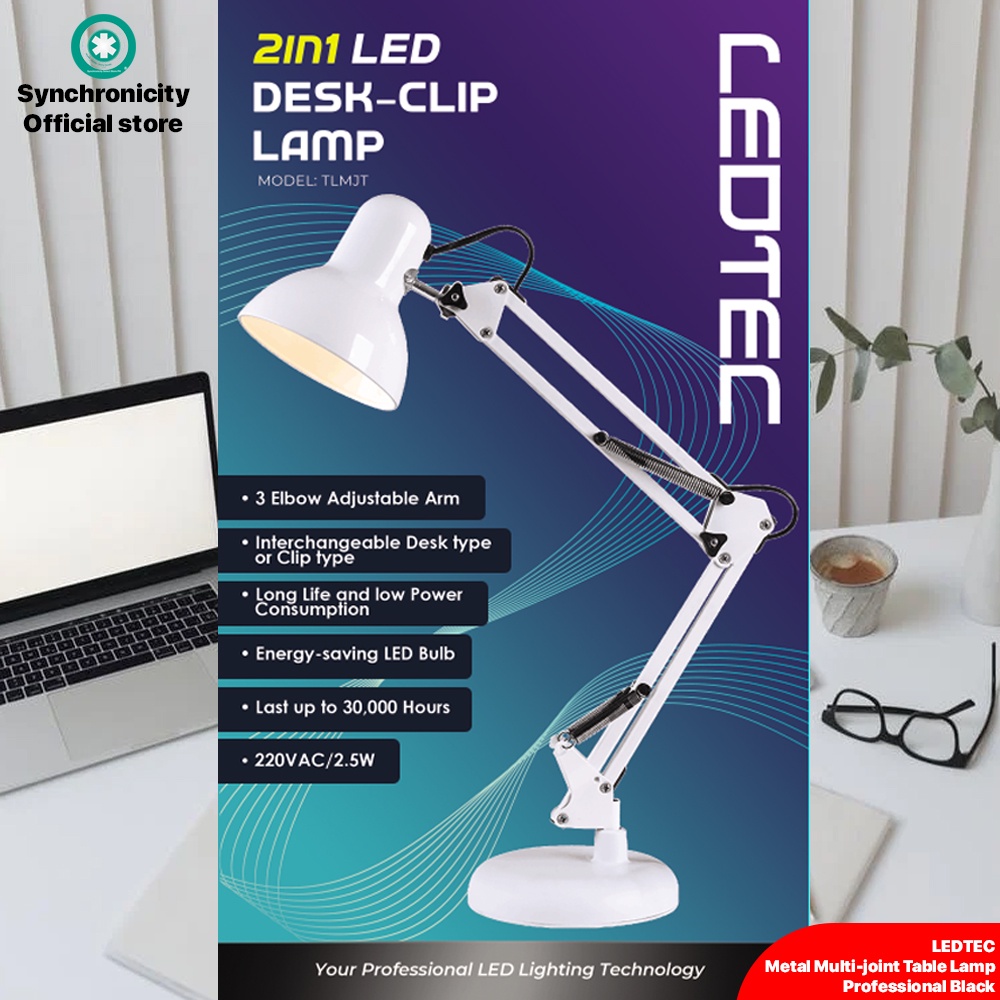 LEDTEC Swing-Arm, 2IN1 Base or Clamp Table Lamp, Black or White Finish ...