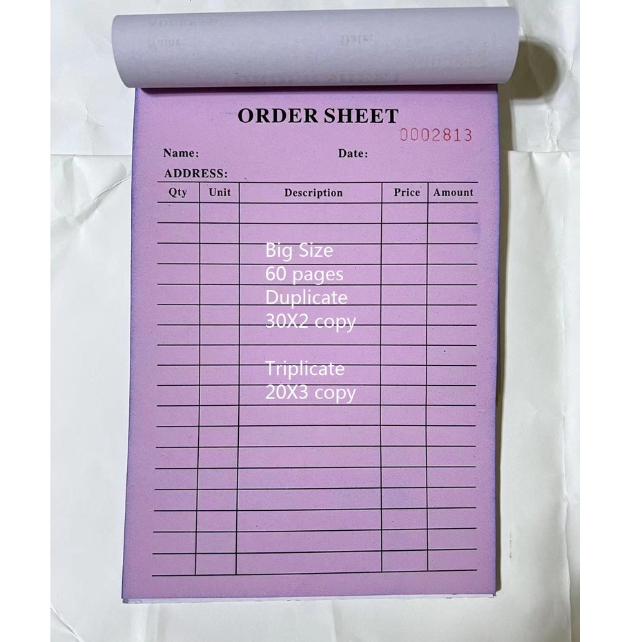Order Sheet 3 size carbon paper receipt resibo duplicate and triplicate ...