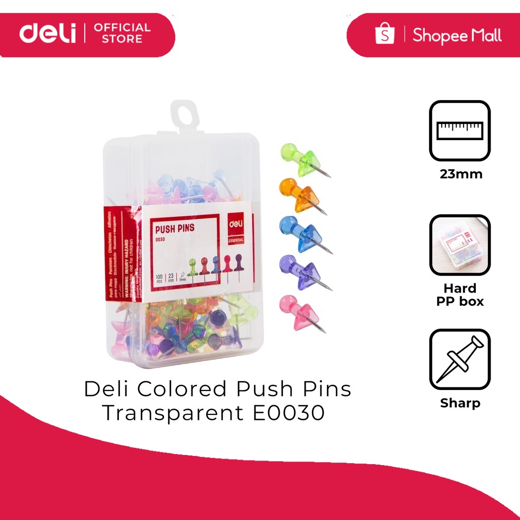 Deli Colored Push Pins Transparent 100pcs/box E0030 [75250030] | Shopee ...