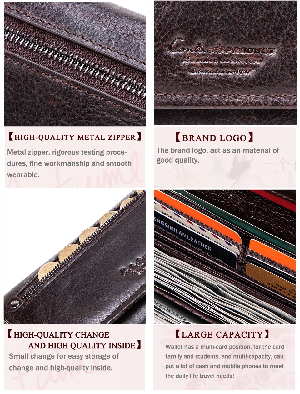 CONTACT'S Genuine Leather Men Long Wallets with Zipper Coin Purse Large ...