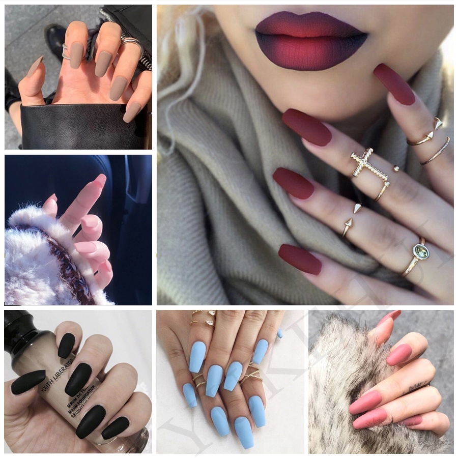 YUKEHUI 24 pcs Fake Nails Set With Glue Matte Long Nails French Nail ...