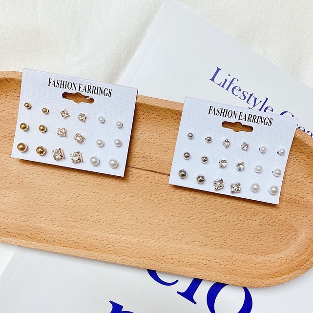 9 pairs Rhinestone Earrings Set Piercing Hikaw Set Faux Crystal Pearl ...