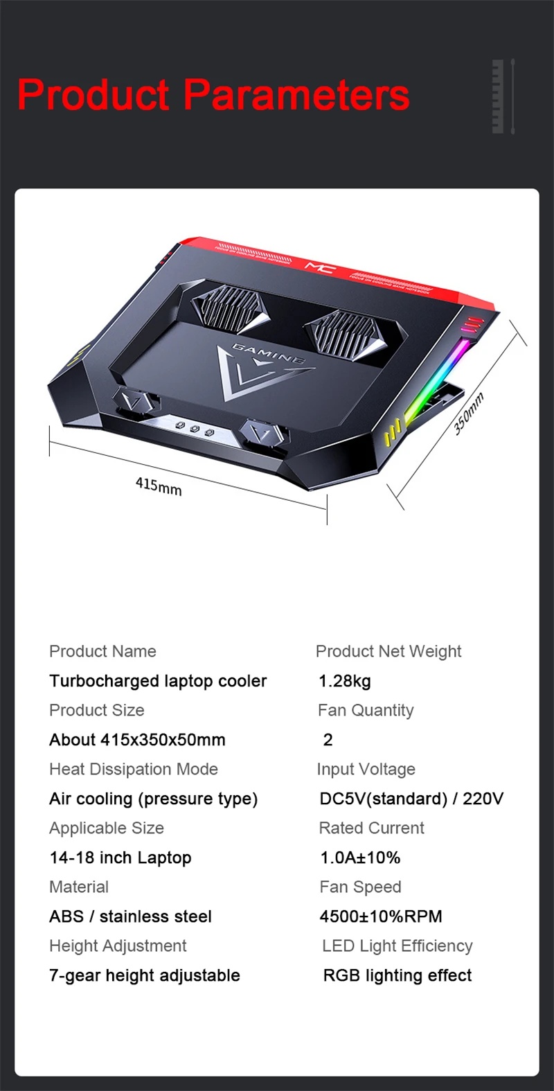 RGB Gaming Laptop Cooler Adjustable Notebook Stand 4500 RPM Powerful ...