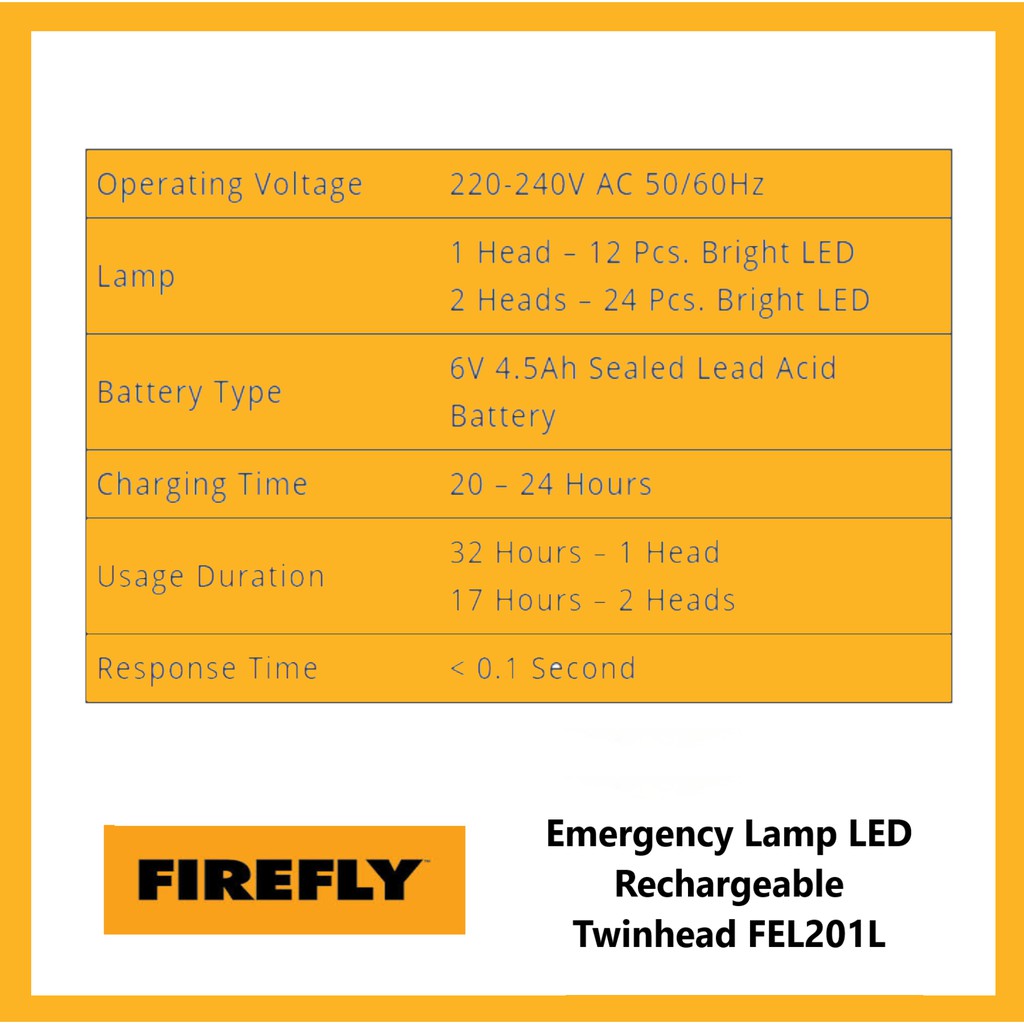Firefly Emergency Lamp LED Rechargeable Twinhead FEL201L | Shopee ...