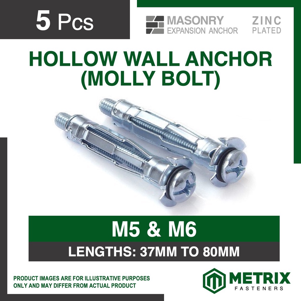5pc Hollow Wall Anchor Screw Type / Molly Bolt / Cavity Wall Anchor M5 ...