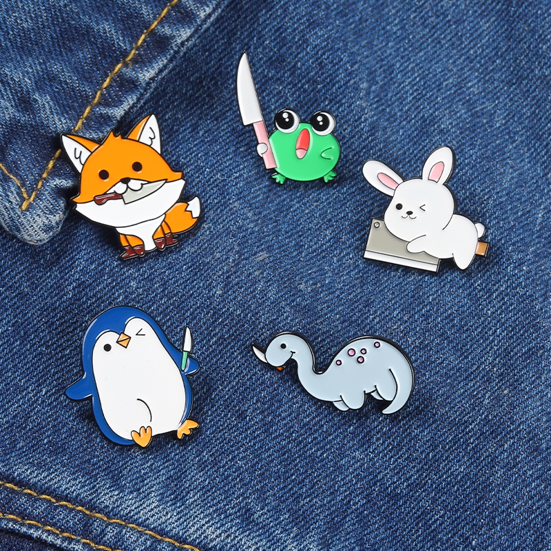 5 Styles of Cartoon Animal Enamel Pin Cute Fox Rabbit Frog Penguin ...