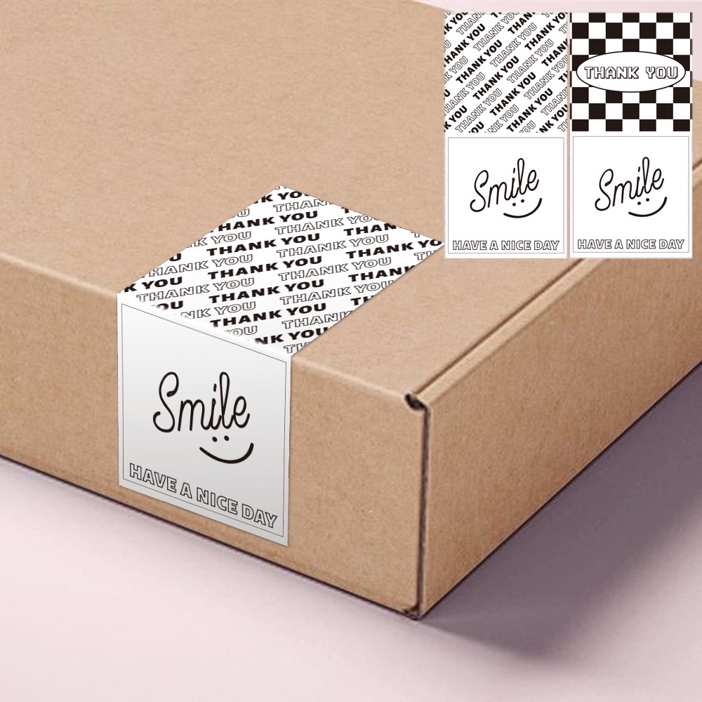 50 Pcs/Pack 4*8cm White And Black Thank You Stickers Rectangle Smile ...