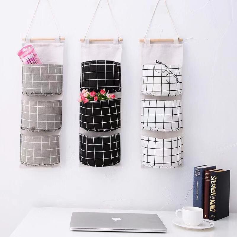 3 Pockets Cotton Linen Storage Hanging Bag Cartoon Wardrobe Organizer ...