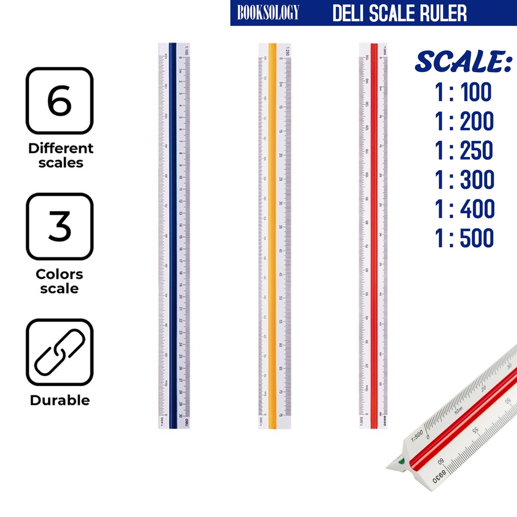 DELI 8930 30cm SCALE RULER [ Triangular Scale ] 1:100 1:200 1:250 1:300 ...
