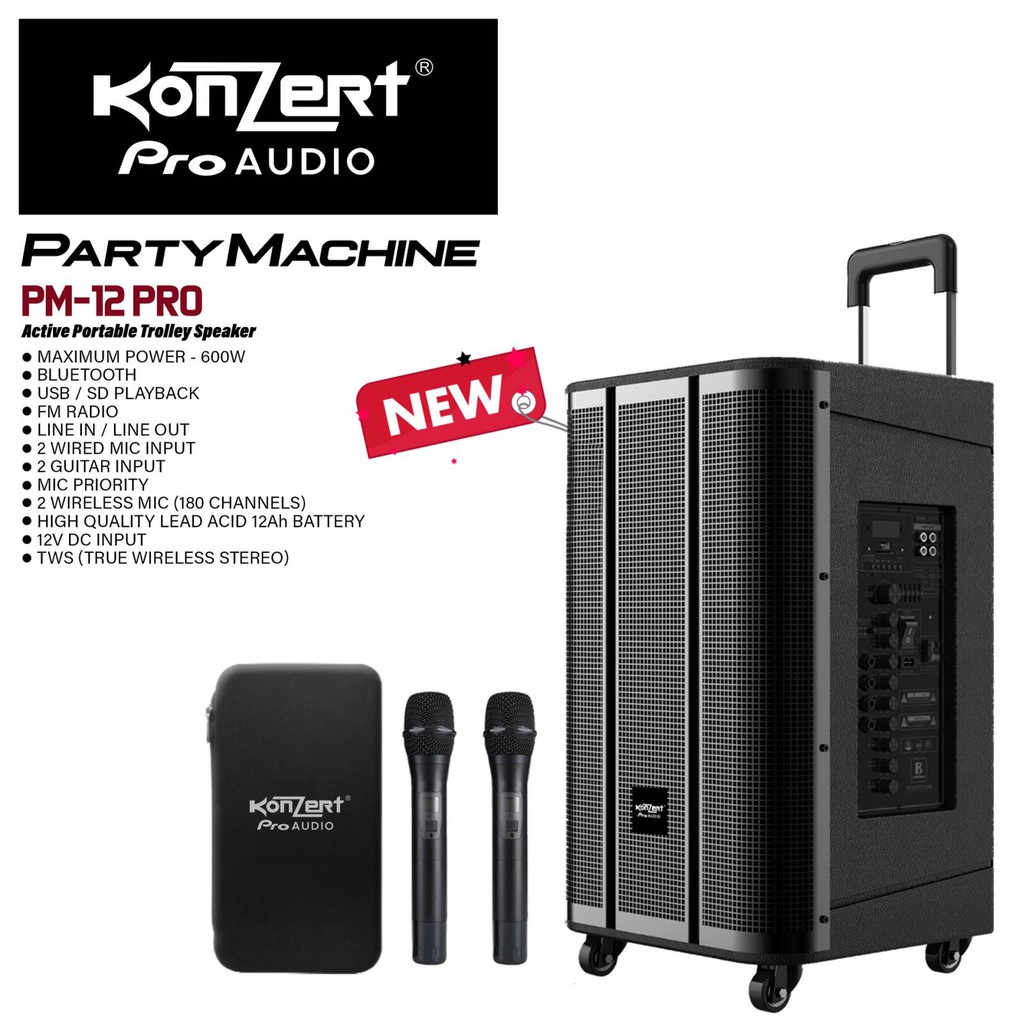 Konzert PM-12 PRO 600W Active Portable Trolley Speaker with Bluetooth, USB/SD Playback and FM ...
