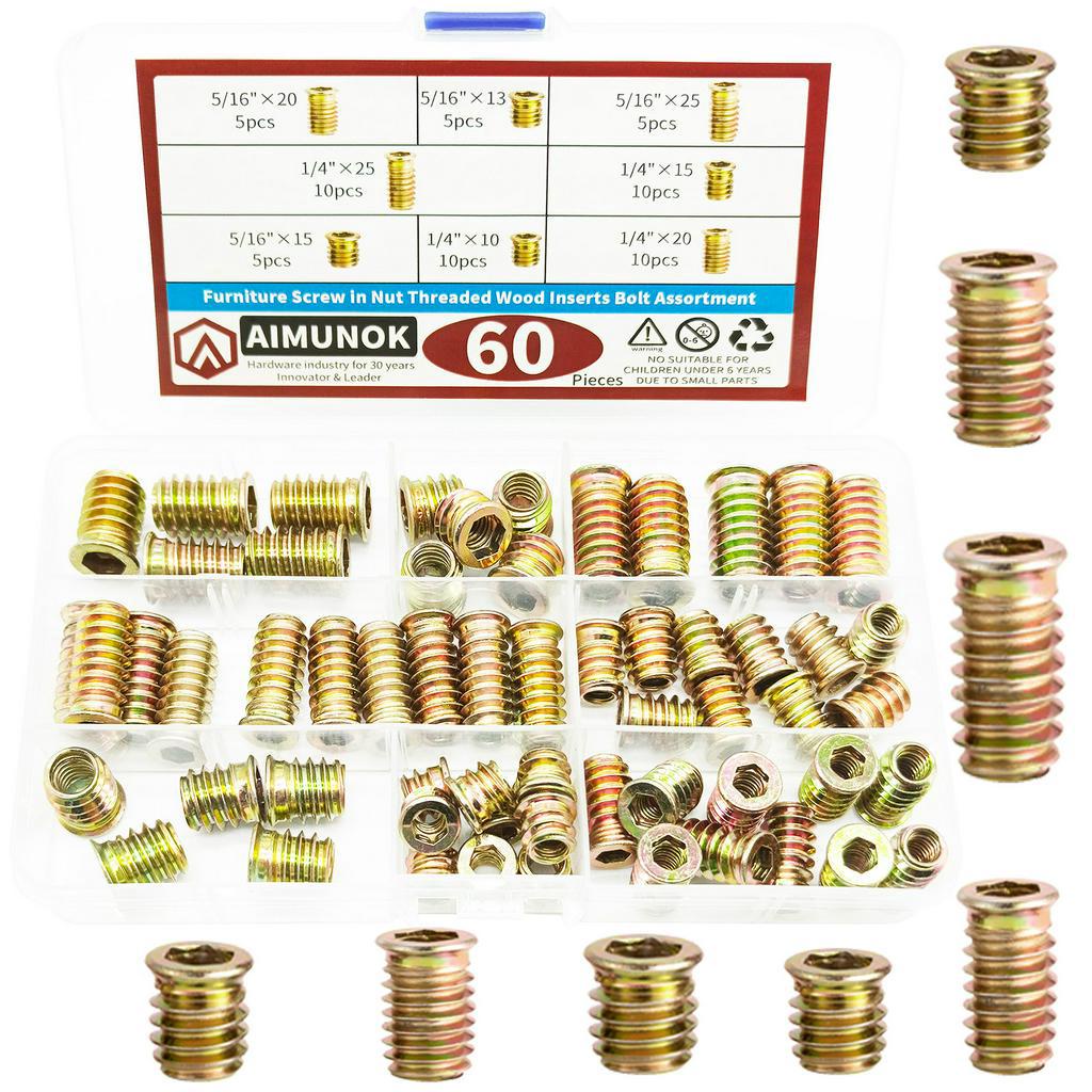 60Pcs Furniture Screw in Nut Threaded Wood Inserts Threaded Inserts ...
