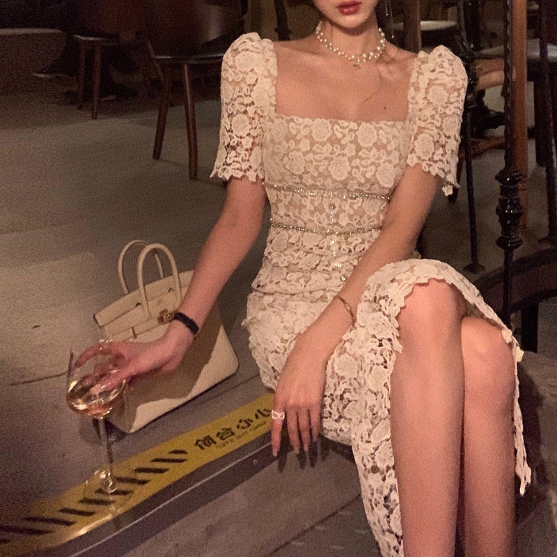 BUBBLE POP Elegant Lace Dress Korean Square neck Short sleeve Water-Soluble Lace Party Dress For ...