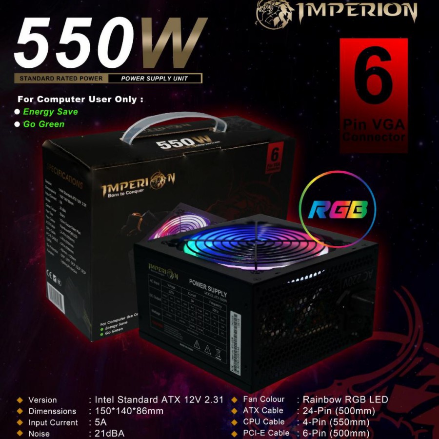 Imperion Power Supply ATX 550watt 6pin - PSU 550W PC Gaming RGB ...