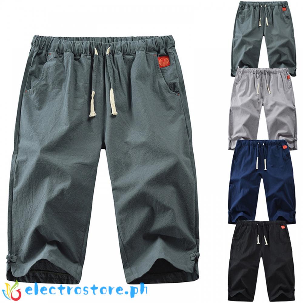 Men's shorts 3/4 length comfortable elastic drawstring fashion pants cotton lace casual pants ...