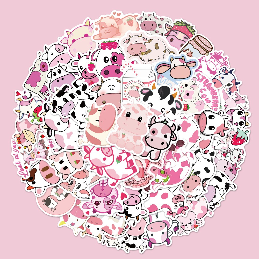 50PCS Kawaii Cartoon Pink Strawberry Cow VSCO Stickers For Kids DIY ...