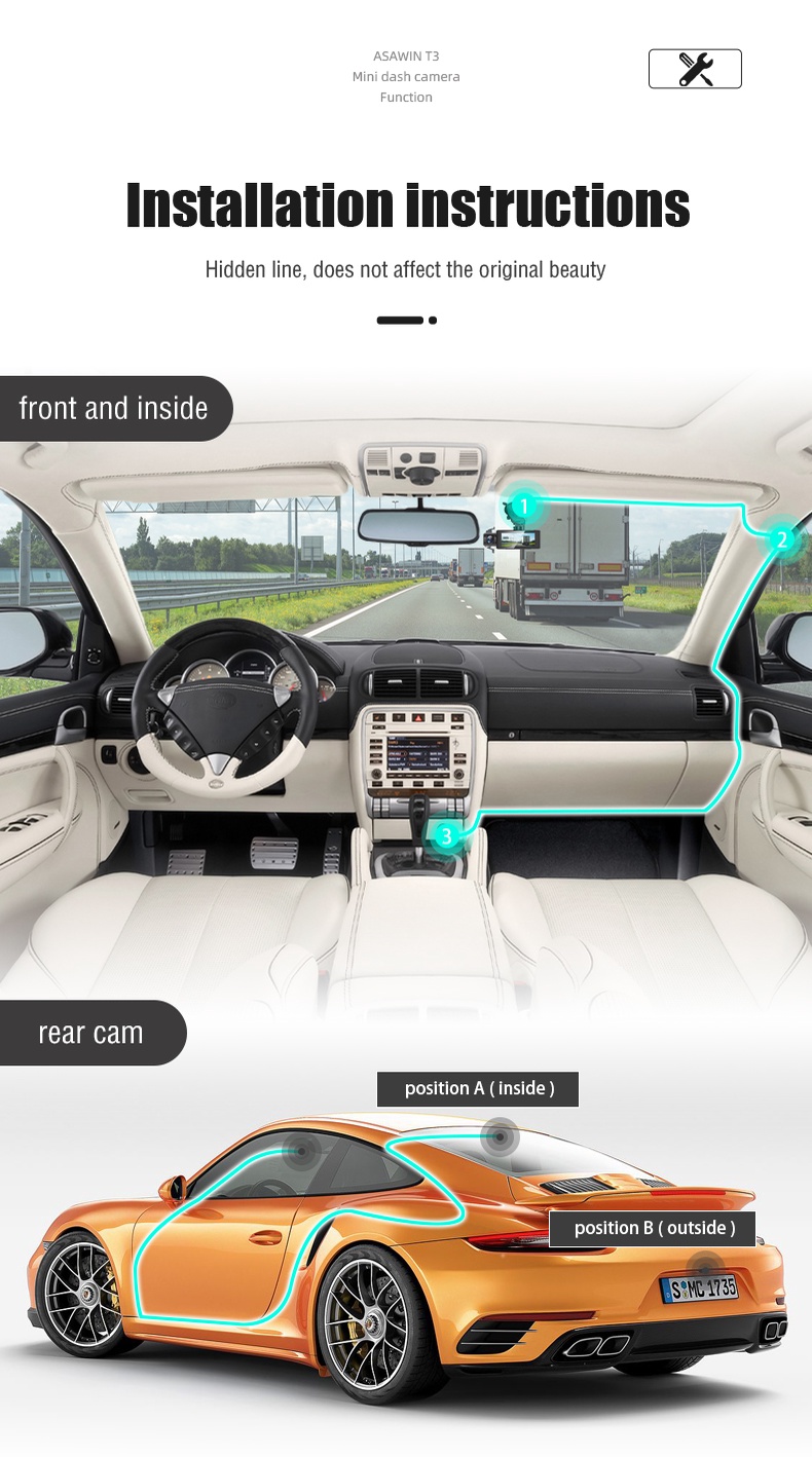 Asawin T3 3 Channels Dash Cam 3 Ways Car Camera Front And Rear Inside 3 ...