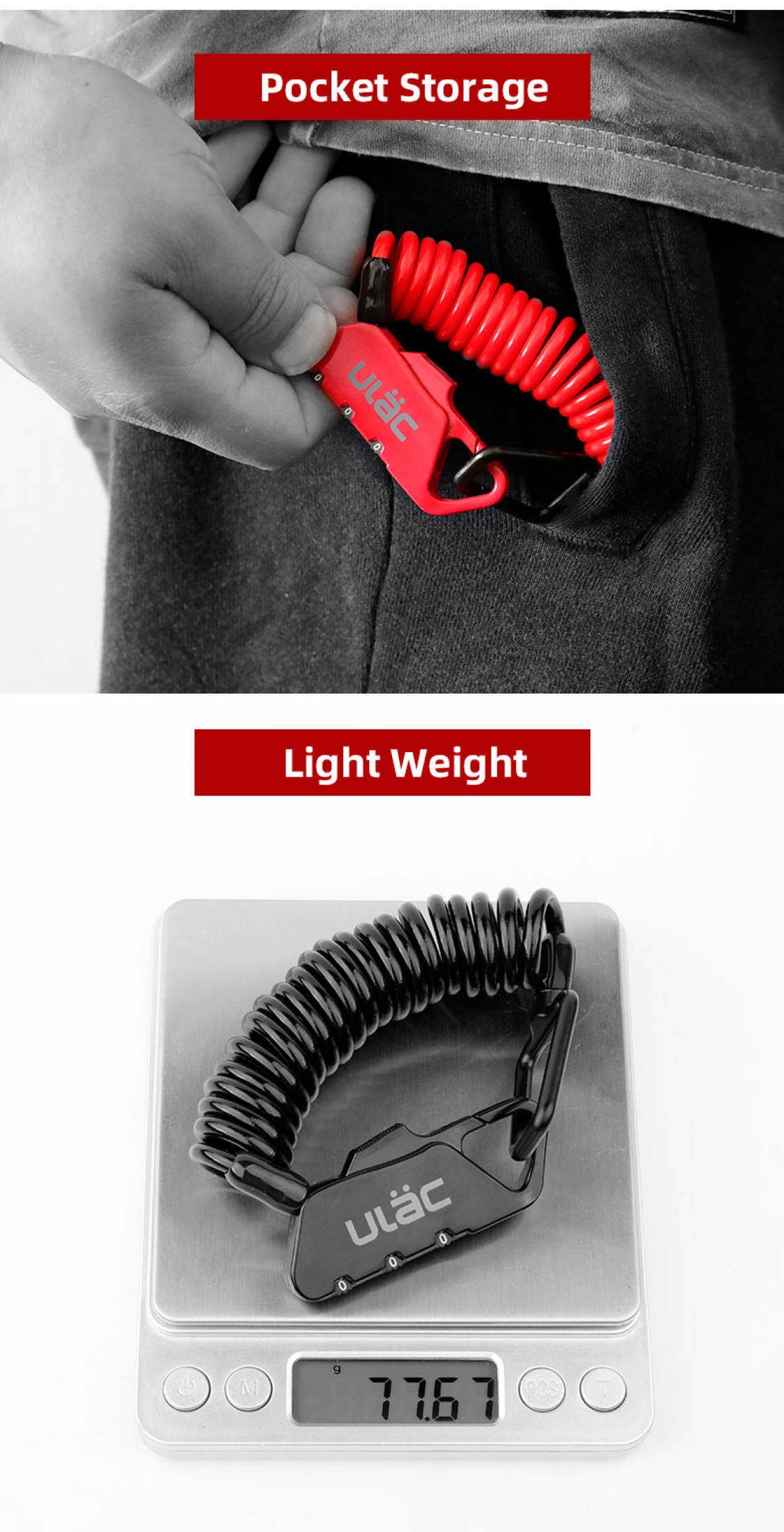 Cycling Combo Lock 3 Digits Combination Resettable Spiral Cable Extended 1.2M Light Weight ...