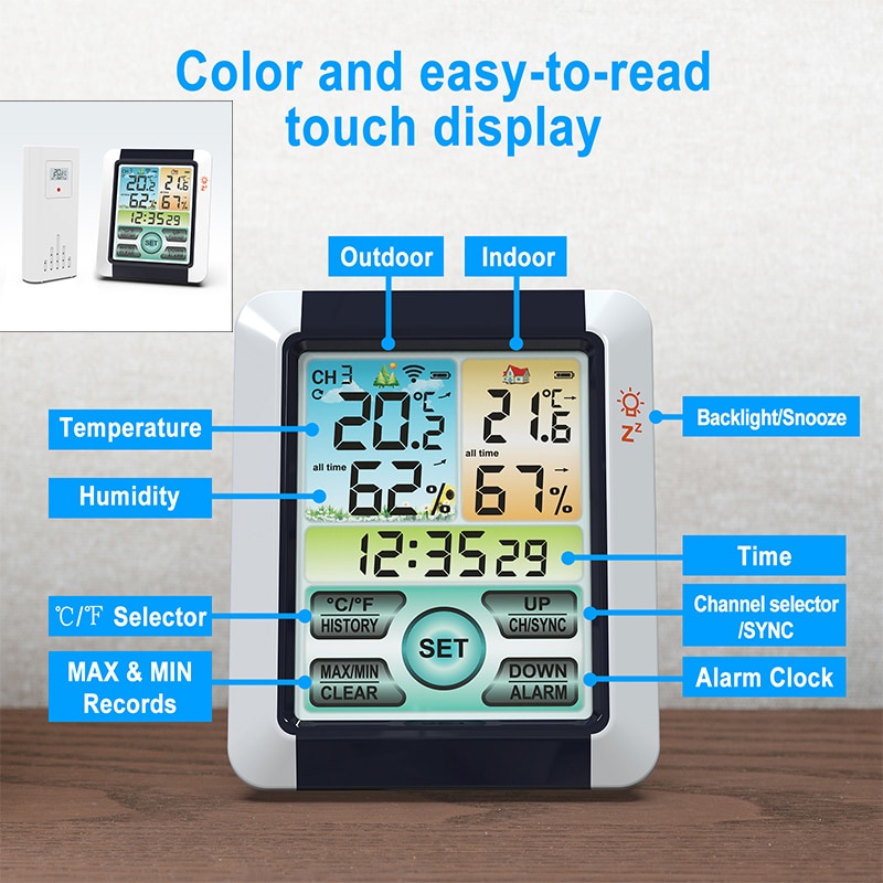 Wireless Indoor Outdoor Digital Weather Station Alarm Clock Touch Color ...