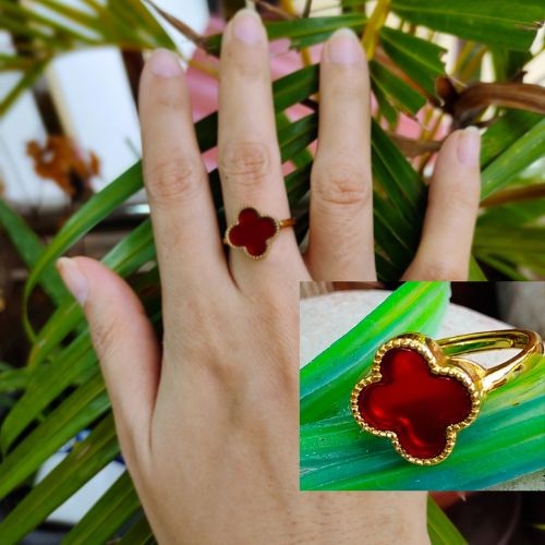 Natural Stone Carnelian Four Leaf Clover Ring Vermeil Gold Adjustable ...