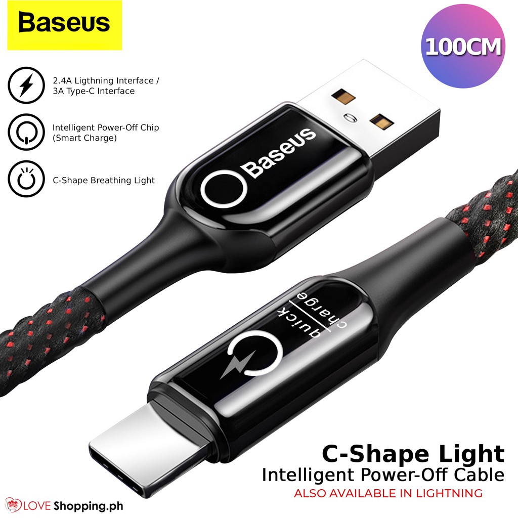 BASEUS C-Shaped Light Intelligent Power-Off Type-C/Lightning Cable w ...