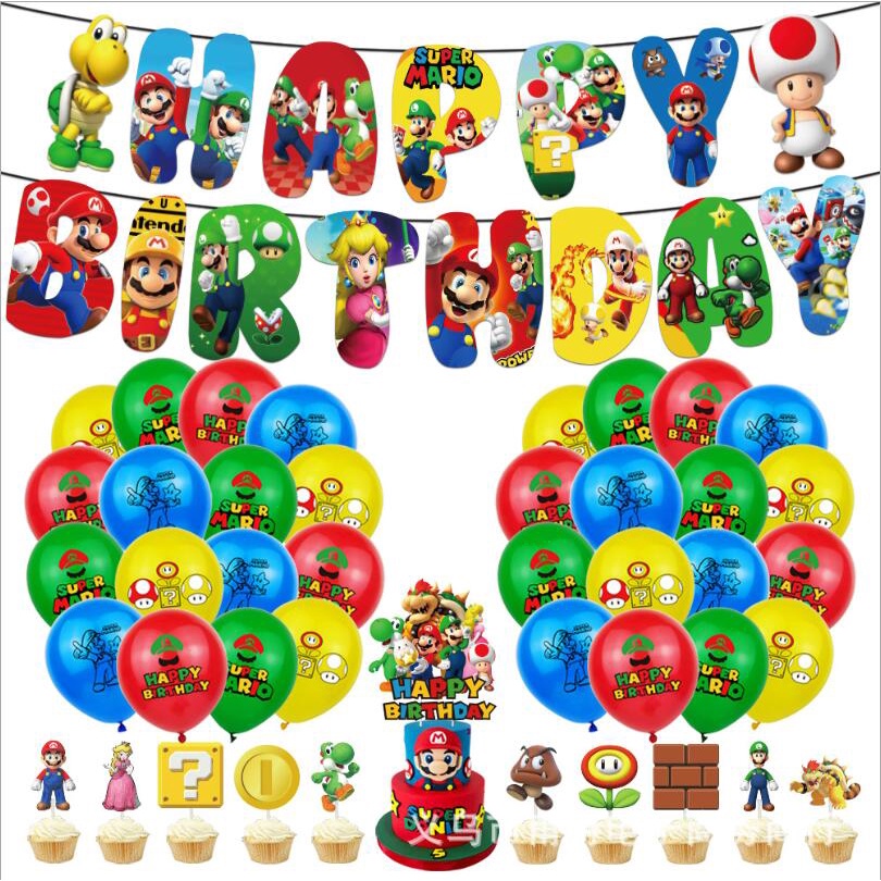 Super Mario theme party birthday decoration supplies banner cake topper ...