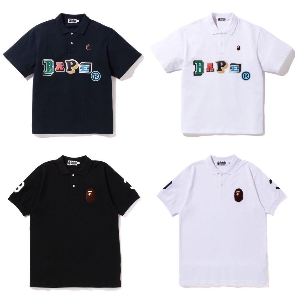 Bape Men's Patchwork Letter/Ape Head Print Lapel Short-Sleeved Polo ...