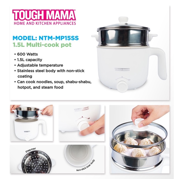 Tough Mama NTM-MP15SS Multipot 1.5L Multicooker Non-Stick Pot Electric ...