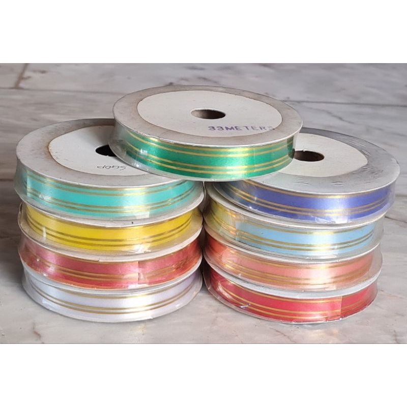 3/4" Plastic Linear Ribbon #3 with Metallic Gold Lines per Roll ...