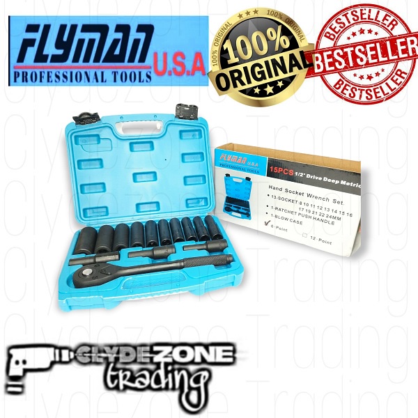 FLYMAN ORIGINAL 15pcs. DEEP SOCKET WRENCH SET 8 TO 24 1/2 DRIVE 6 ...