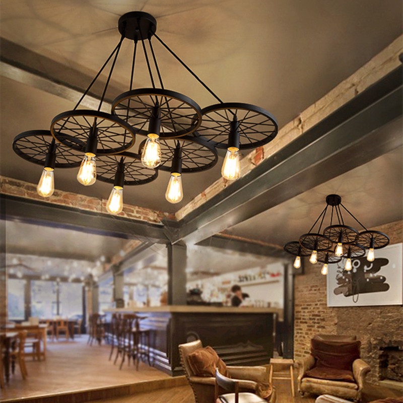 PURE E27 Retro metal wheel lamp wrought iron wheel chandelier holder ...