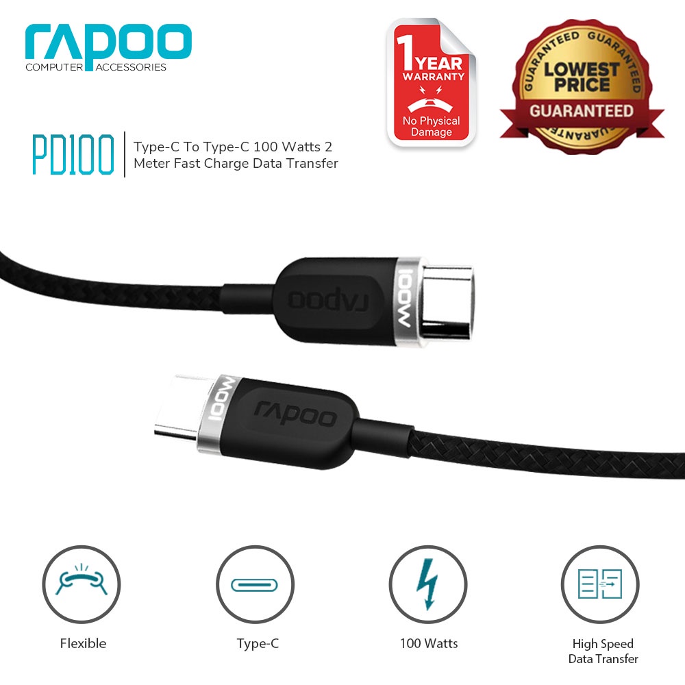 Rapoo PD 100 Type-C To Type- C 100 Watts 2 meter Fast Charge Data Transfer Sync & Charge Cable ...