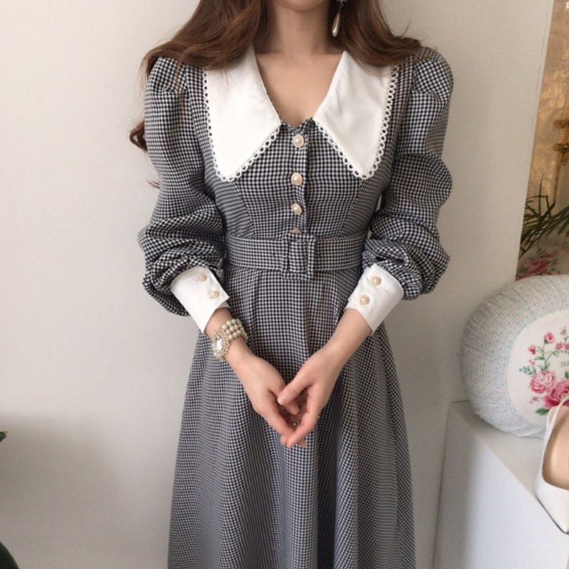 Korean Chic French Lapel Lace Plaid Chic Single-Breasted Waist Puff ...