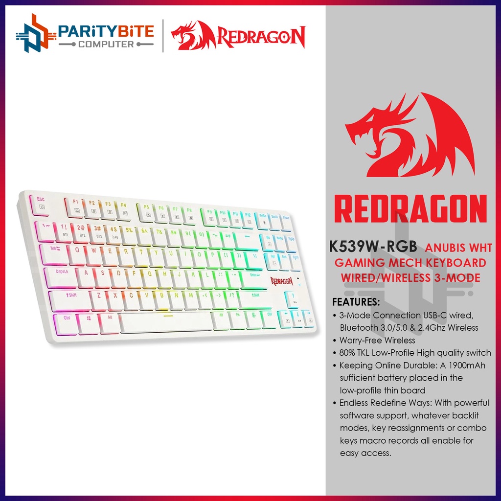 Redragon K539 Anubis White 80% Tri-Mode RGB Low Profile Mechanical ...