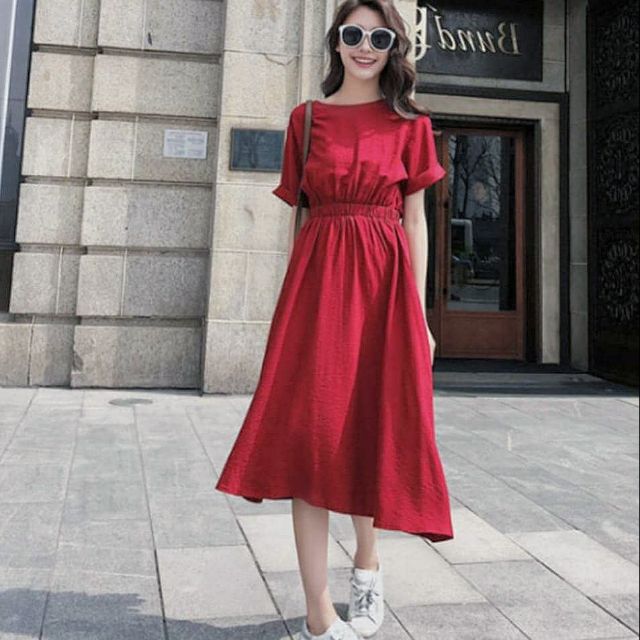 Korean style red dress with long buttons after the form, beach dress ...