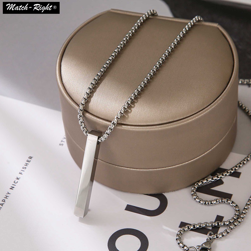 Men's Silver Color Rectangle Pendant NecklaceTrendy Simple Stainless ...