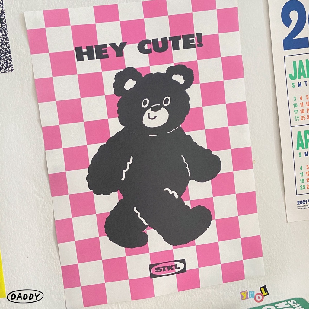 DADDY | Hey Cute Pink Poster A3 Checkered Pattern With A Cool Bear ...