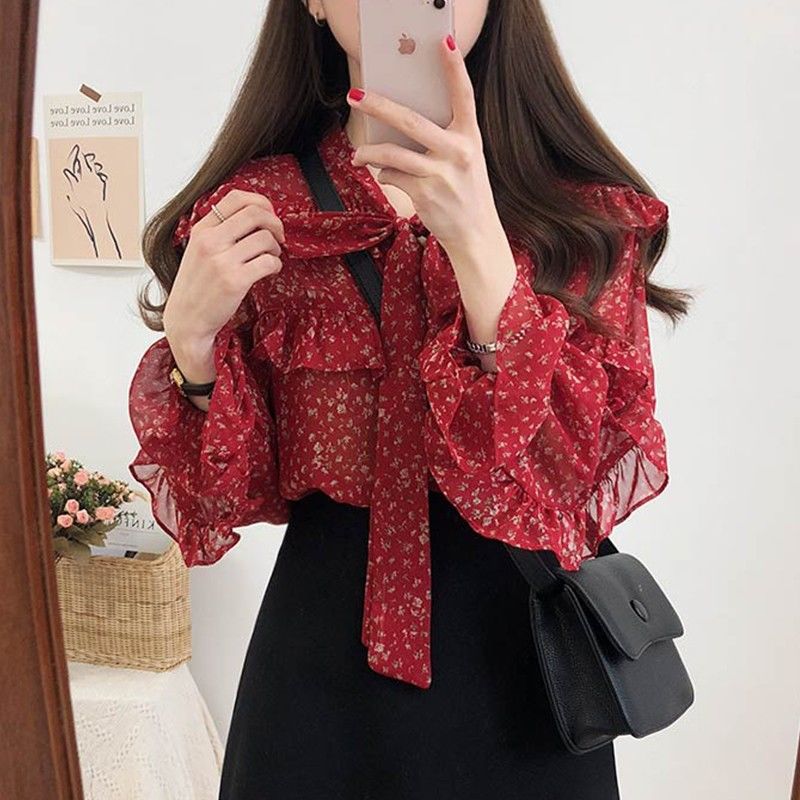 Red Chiffon Top Women's long sleeve fashion 2021 spring blouse new ...