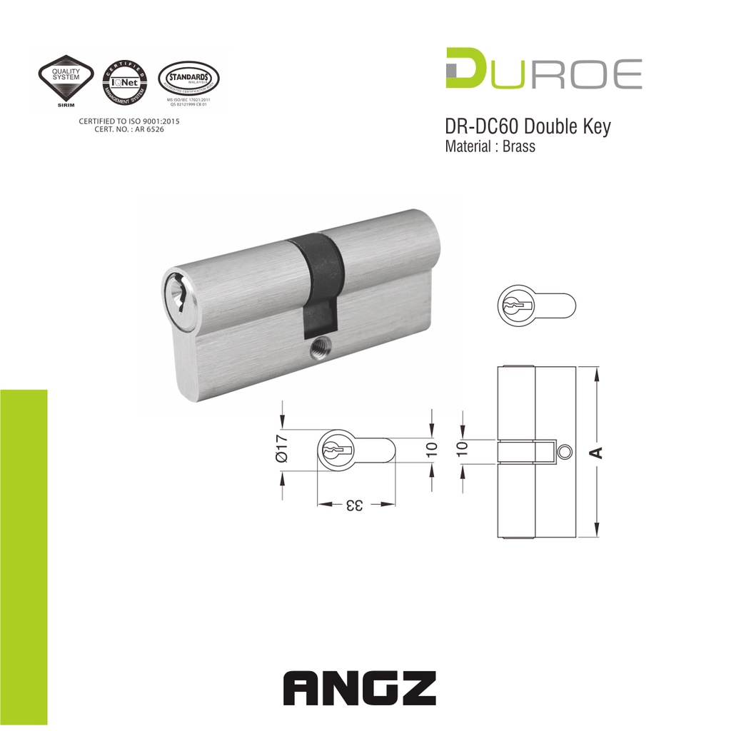 Duroe Cylinder DR-DC60 Brass. Non Computer Cylinder Door Lock | Shopee ...