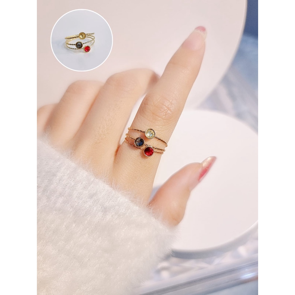 MATA Stainless steel triple zior gold titanium ring with colorful eyes ...