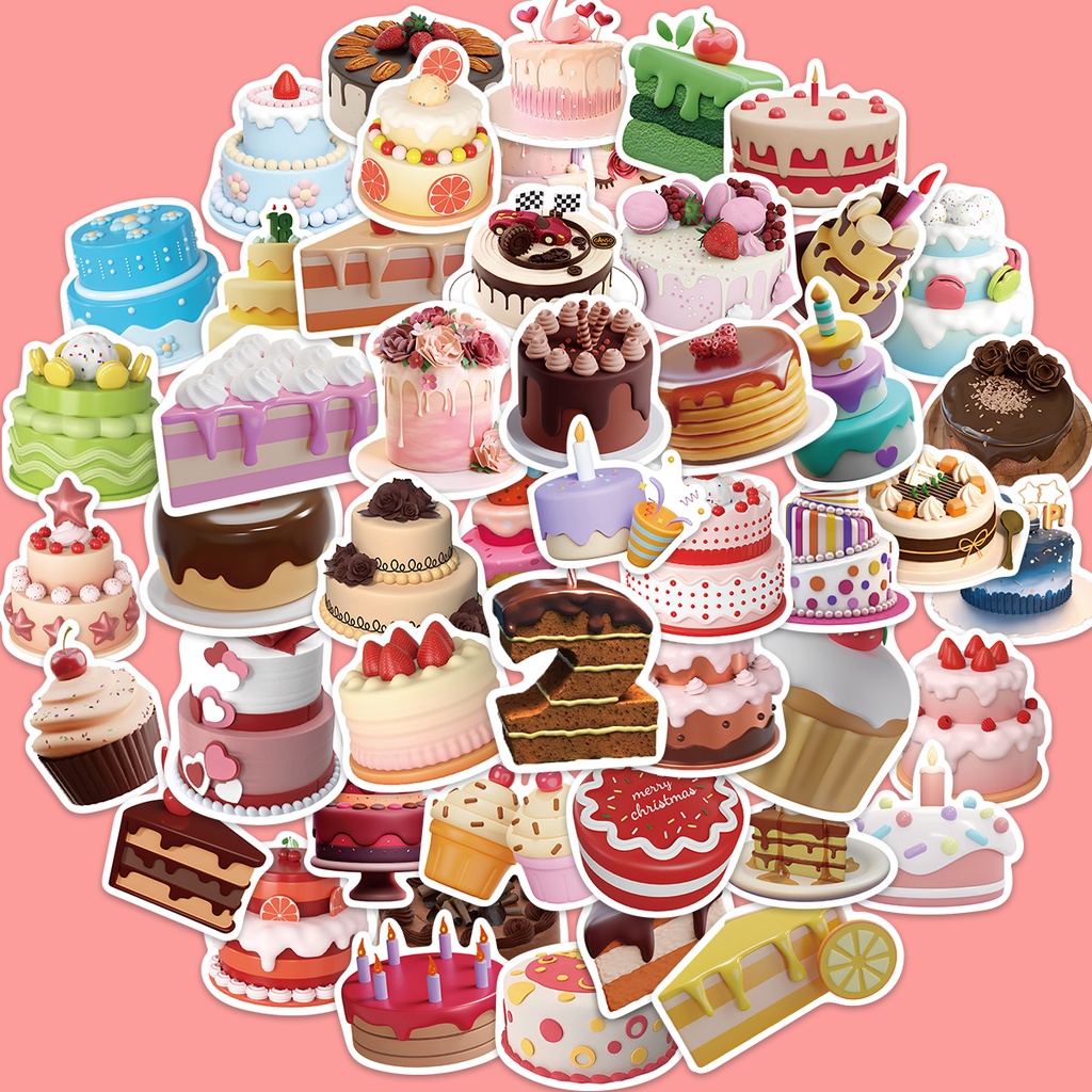 50pcs Cute Pink 3D Birthday Cake Snack Sticker For Girls Book ...