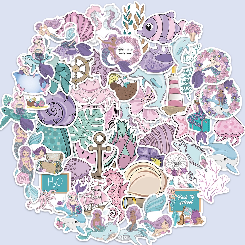 56pcs Cartoon Pink Purple Mermaid Animal Stickers Aesthetic Girls Book ...