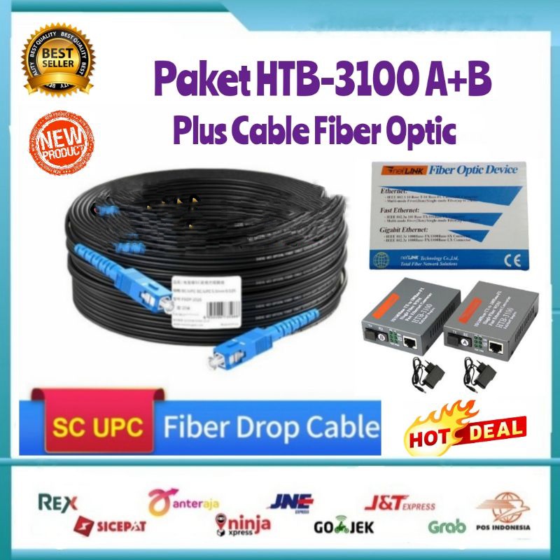 50 Meter Fiber Optic Cable Package + Media Converter HTB 3100 A and B ...